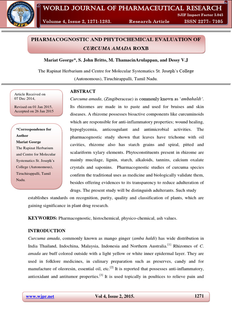 Pharmacognostic and Phytochemical Evaluation Of: Curcuma Amada Roxb | PDF | Leaf | Solubility