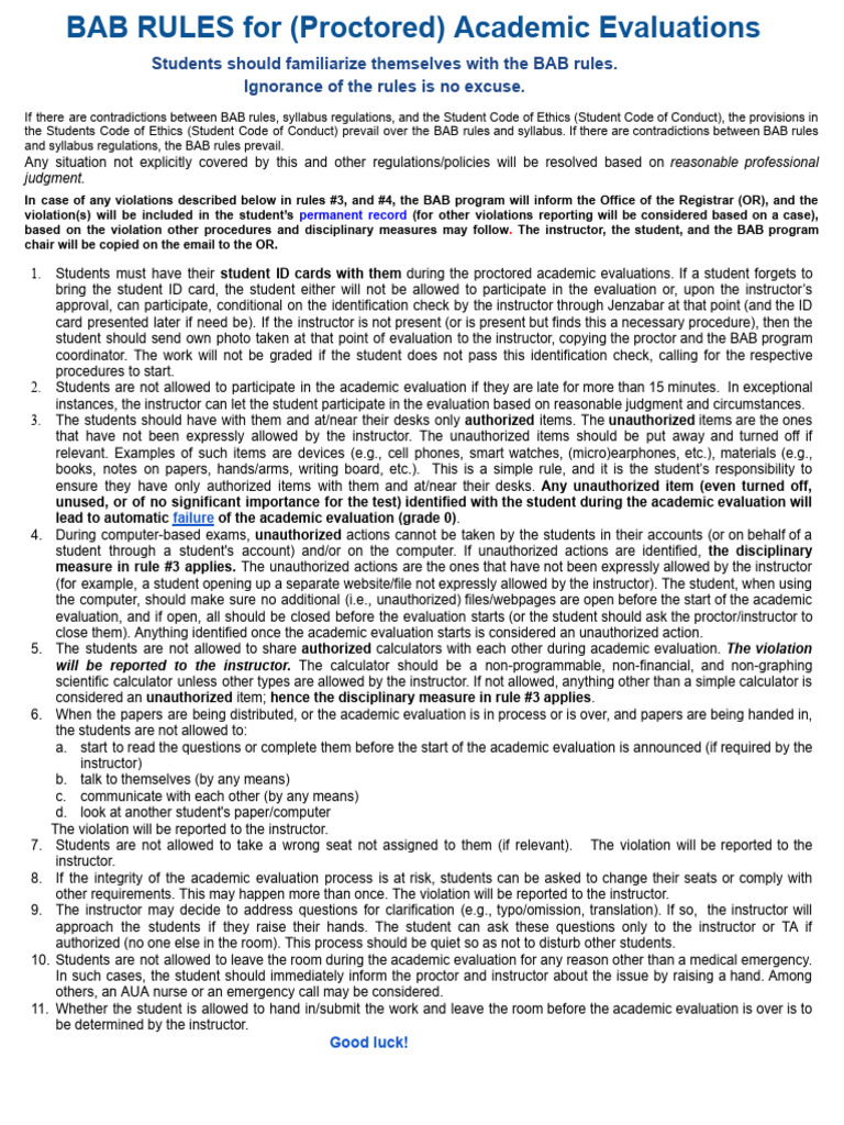 BAB RULES for (Proctored) Academic Evaluations _v2 (1) | PDF