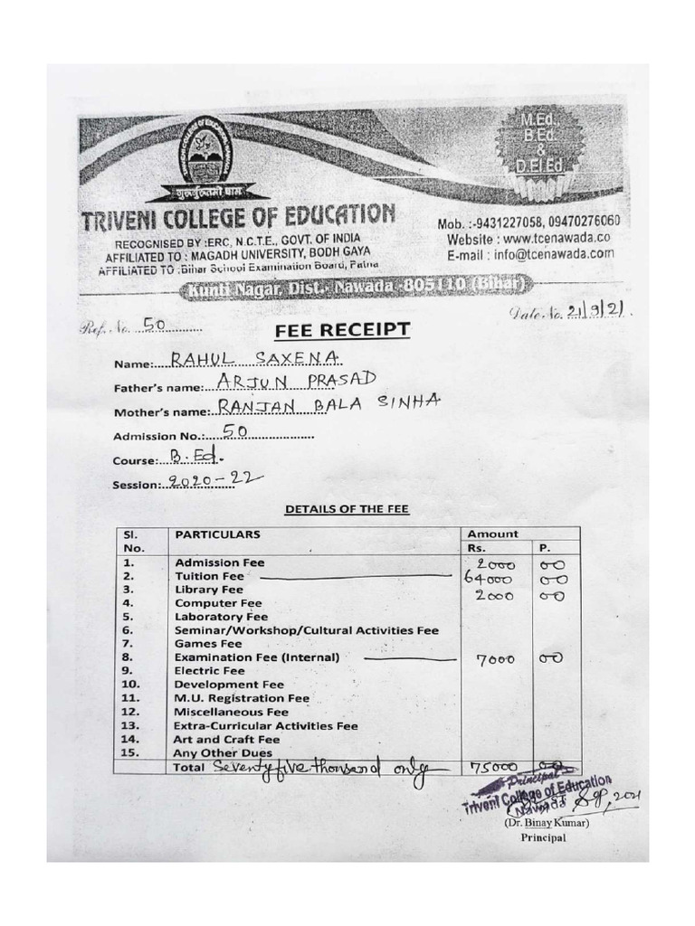 Fee Receipt 2021 | PDF