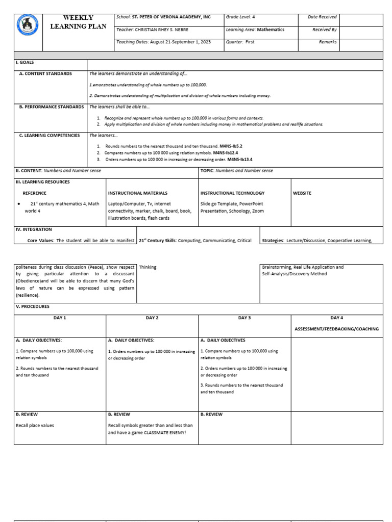 Learning Plan Grade 4 Week 2-3 | PDF | Learning | Mathematics