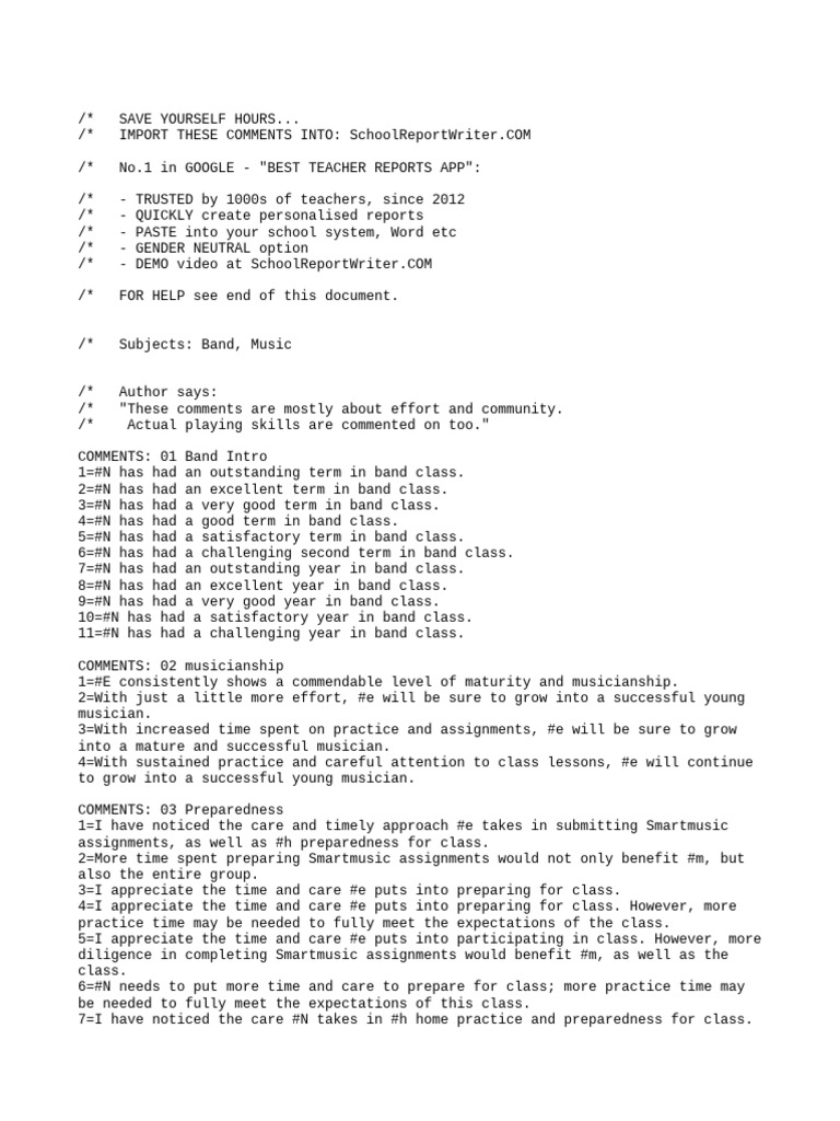 Teacher Comments for Band Reports | PDF | Text File