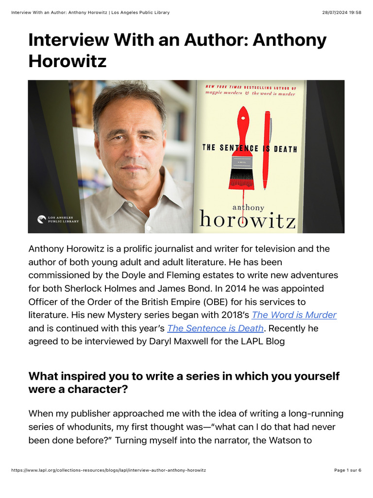 Interview With An Author: Anthony Horowitz - Los Angeles Public Library ...