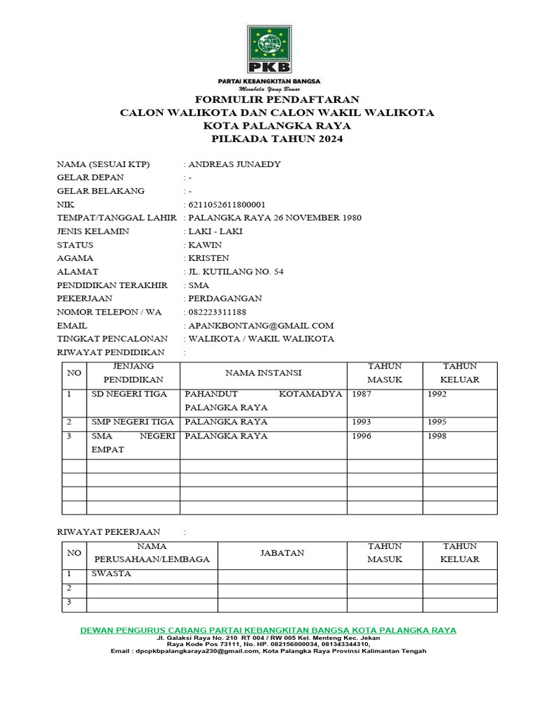 Formulir Pendaftaran Walikota 2024 Paratai PKB | PDF
