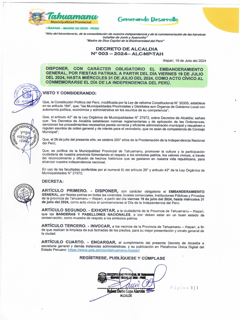 Decreto de Alcaldia N 003-2024-Alc-Mp-Tah | PDF