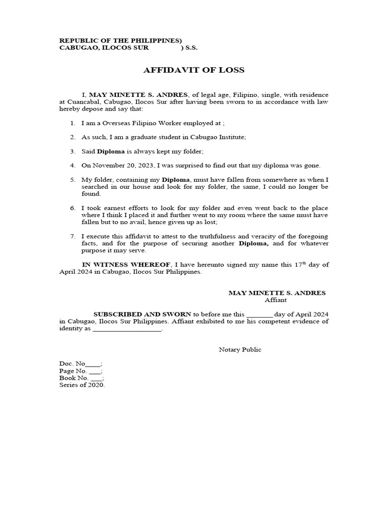 Sample Affidavit of Loss Diploma | PDF | Wellness