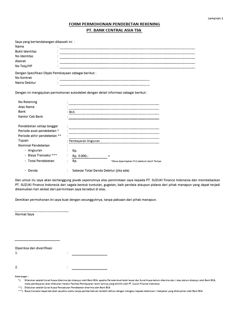 Form Pendebetan Rek BCA | PDF