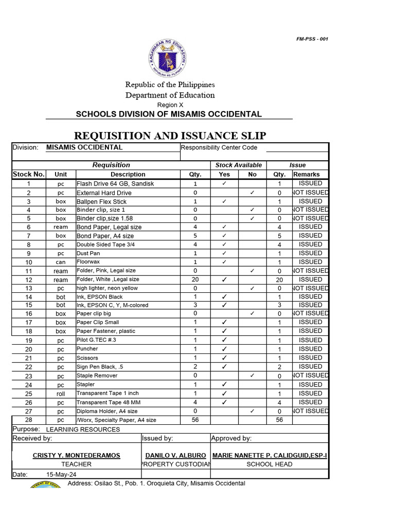Requisition and Issuance Slip SHS | PDF | Stationery | Office Equipment