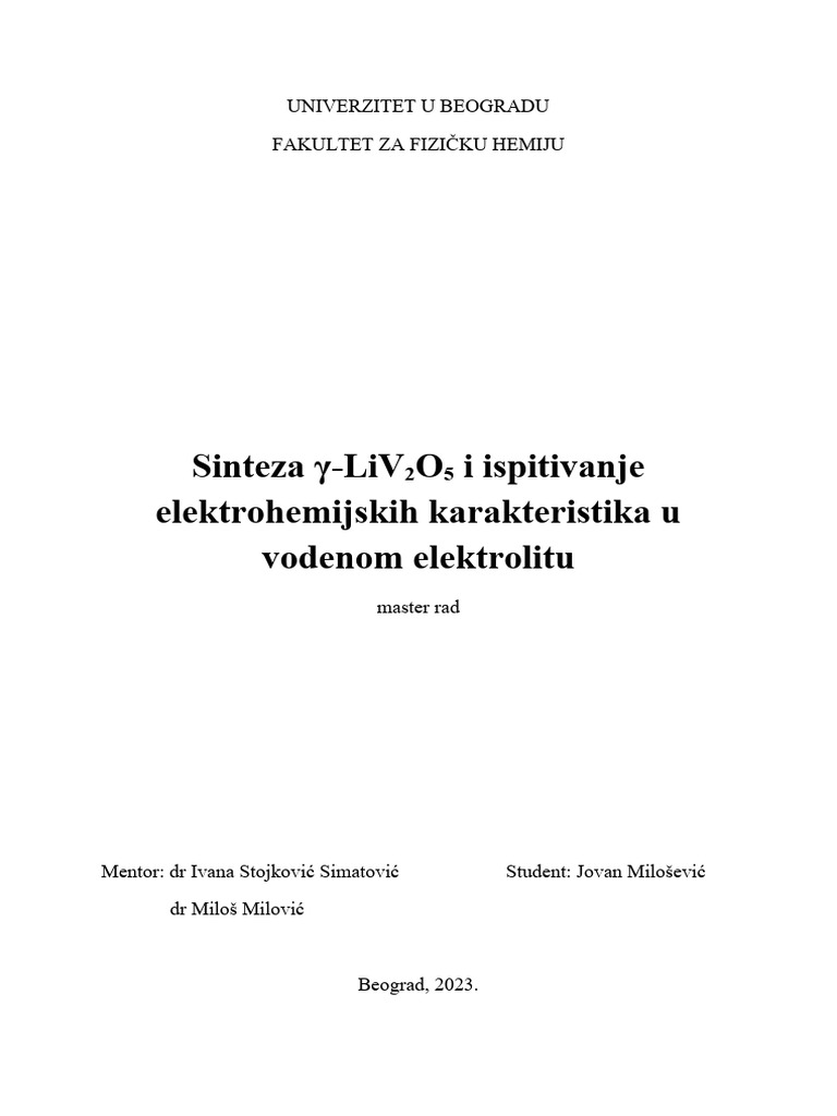 Sinteza γ-LiV2O5 i ispitivanje elektrohemijskih karakteristika u vodenom elektrolitu | PDF