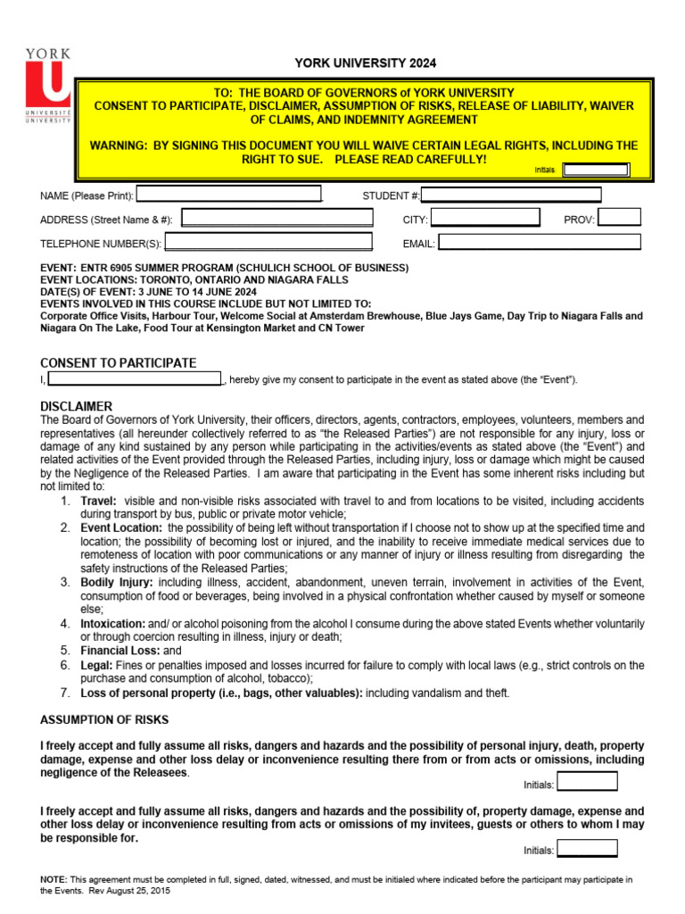 High Risk Waiver Form 2024 | PDF | Indemnity | Common Law