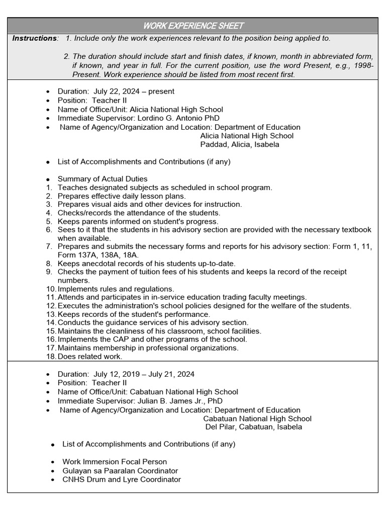 CS Form No. 212 Attachment Work Experience Sheet (1) | PDF | Doctor Of ...