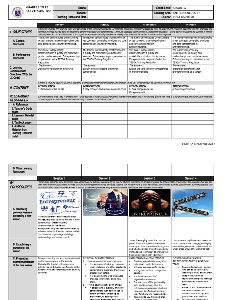 Grade 12 Entrepreneurship Lesson Plan | PDF | Entrepreneurship | Learning