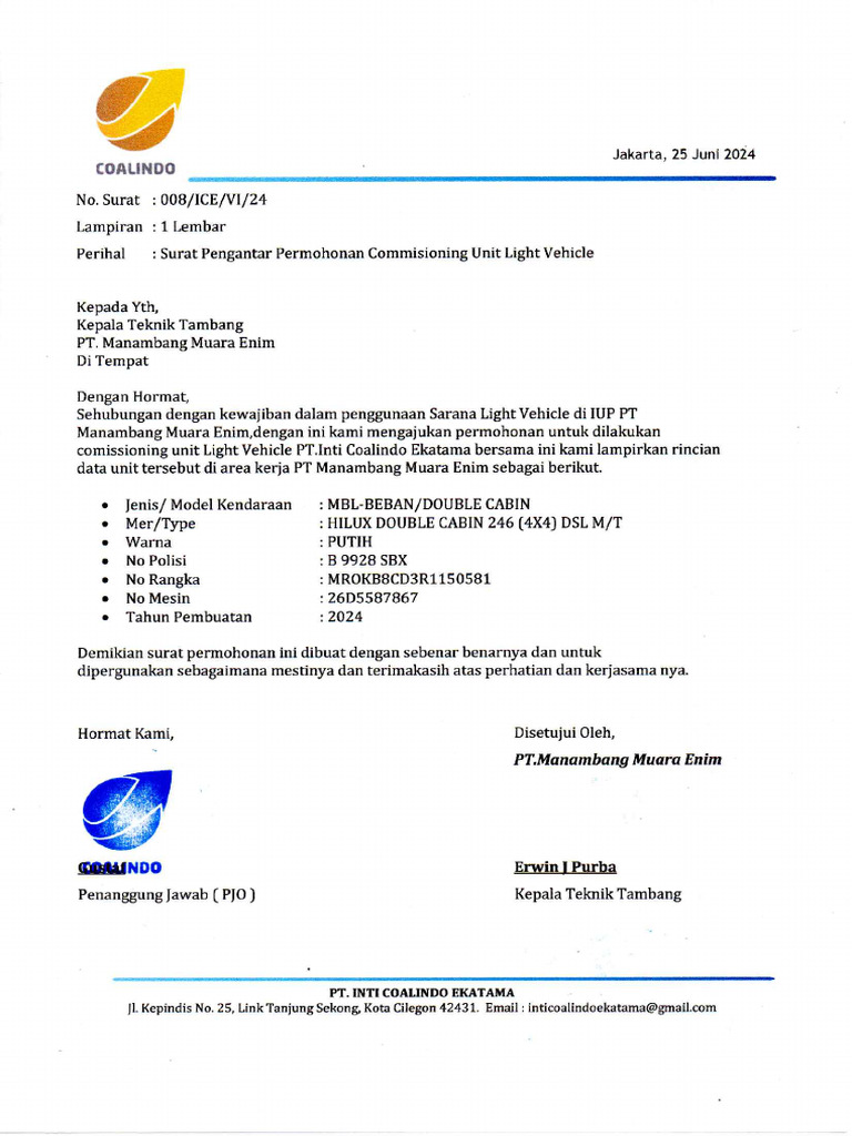 Surat Pengantar Permohonan Comissioning Unit Light Vehicle | PDF