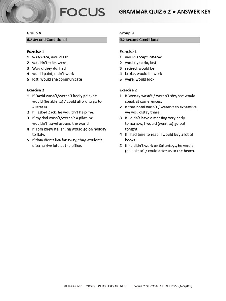 Focus2 2E Grammar Quiz Unit6 2 GroupA B ANSWERS | PDF | Language Arts & Discipline
