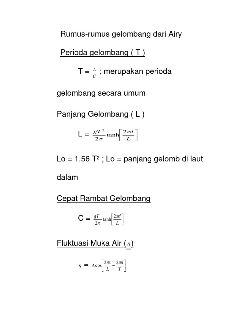 Rumus-Rumus Gelombang Dari Airy Perioda Gelombang (T) T Merupakan ...