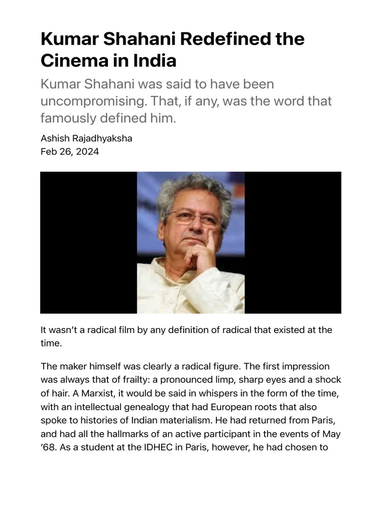 Kumar Shahani: Redefining Indian Cinema | PDF | Classics