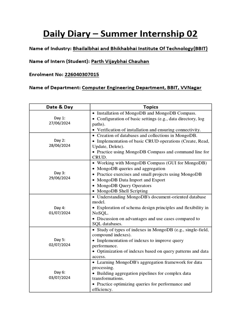 Daily - Diary (Internship 02) | PDF | Mongo Db | Information Technology ...