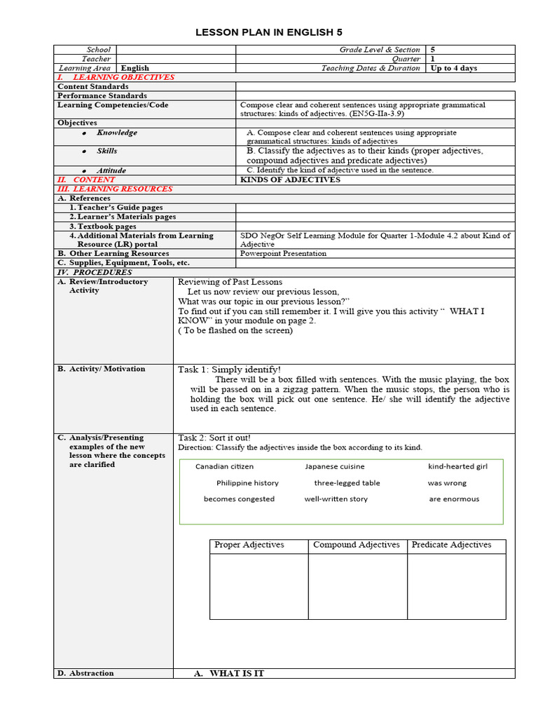 Grade 5 English Adjectives Lesson Plan | PDF | Learning | Adjective