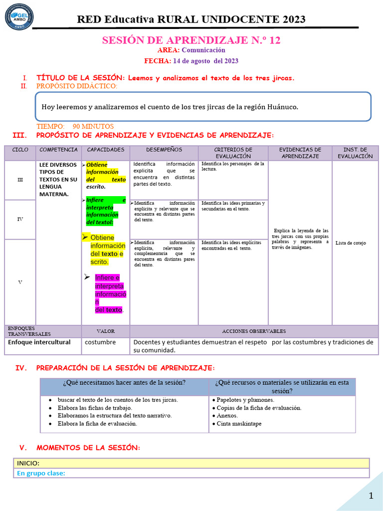 Sesión N°12 Comunicación - Tres Jircas | PDF | Aprendizaje | Evaluación