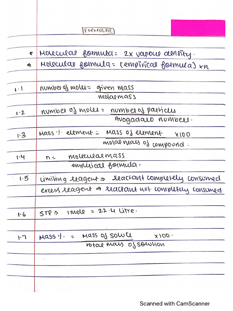 Formula Sheet For Mole Concept | PDF