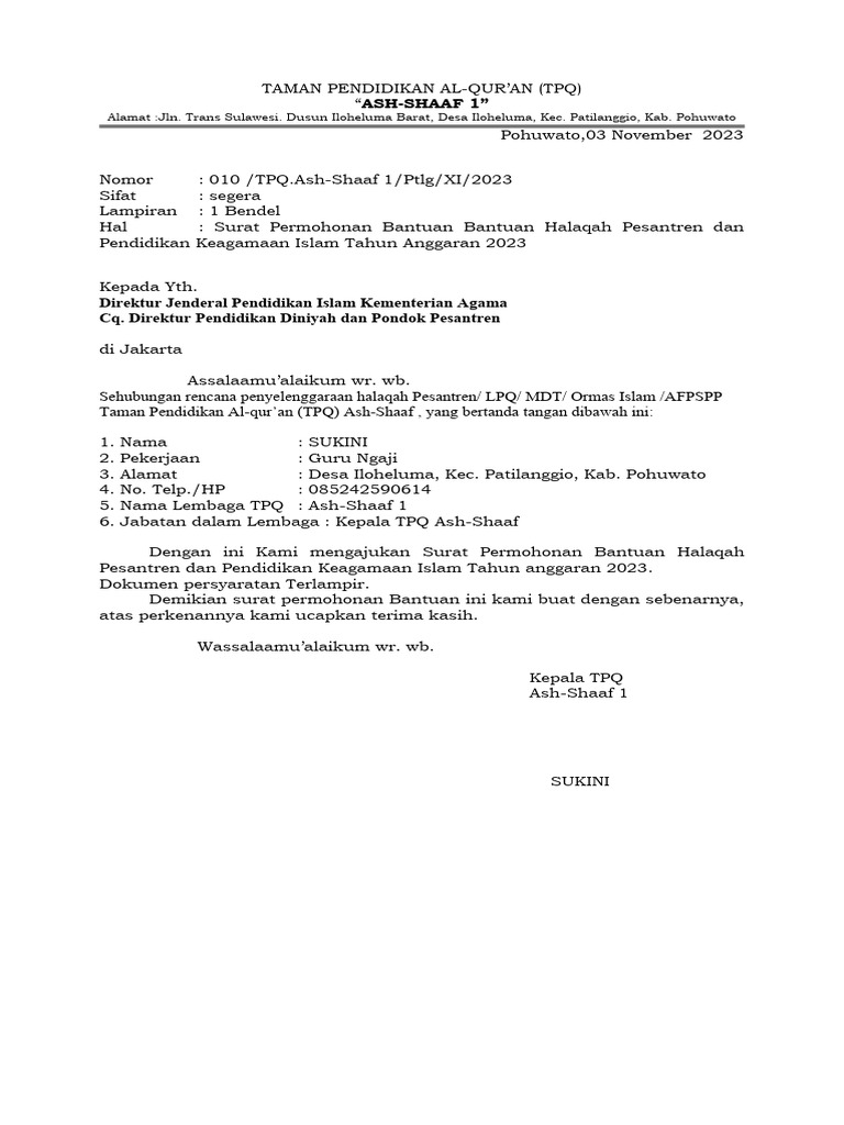 Surat Permohonan TPQ Ashsaaf | PDF