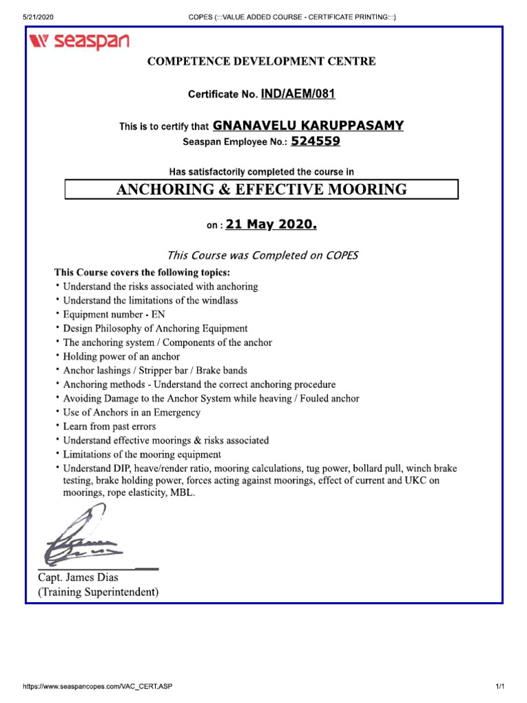 Anchoring and Effective Mooring Course Certificate | PDF