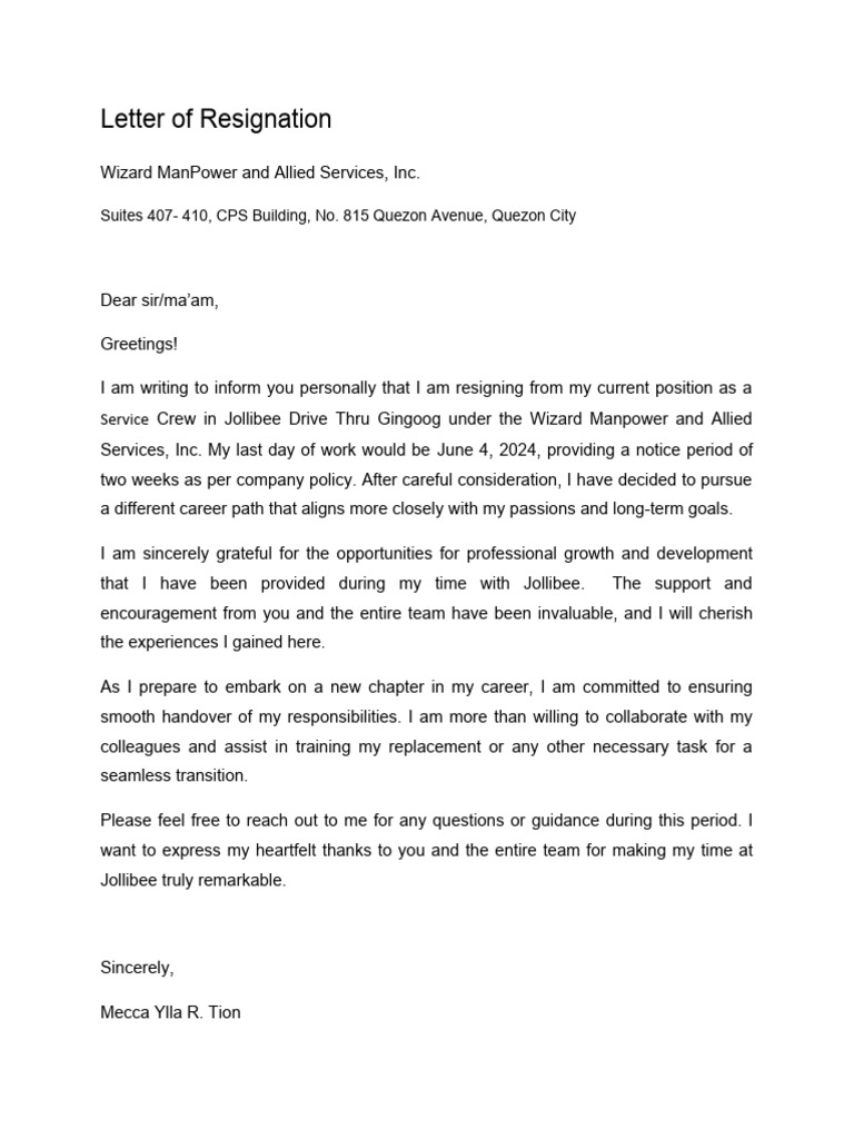 Resignation Letter of MYRT | PDF