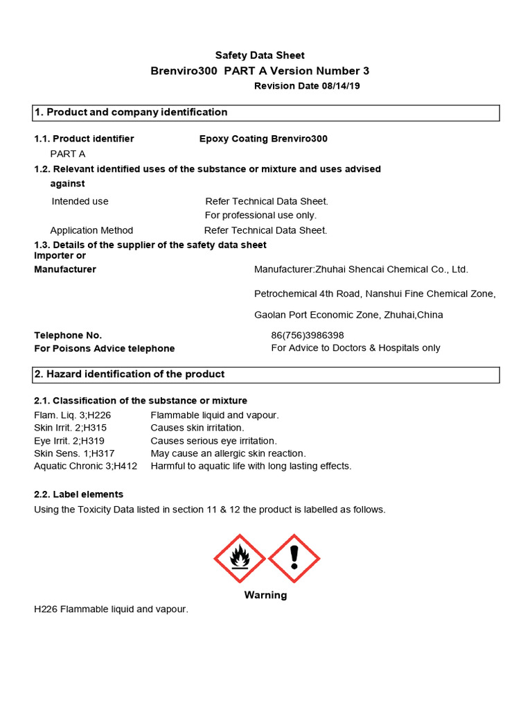 Brenviro300 Epoxy Coating Safety Data | PDF | Toxicity | Materials
