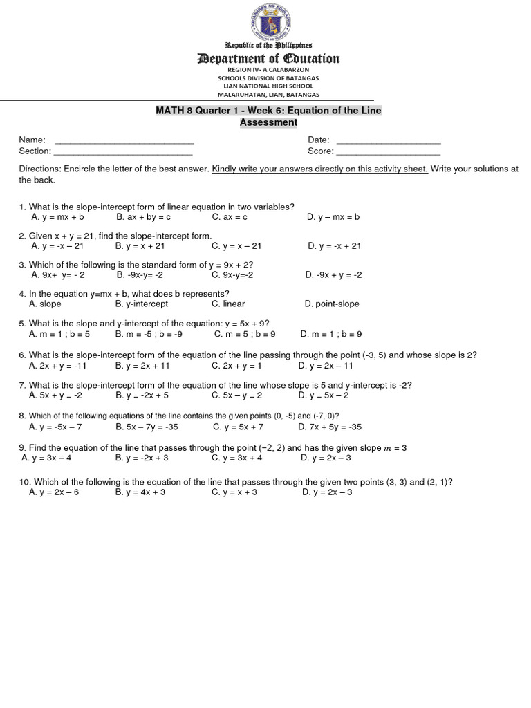 Q1-Week 6 Assessment | PDF | Mathematical Objects | Equations