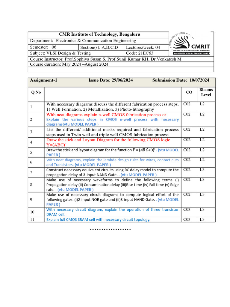 VLSI Assignment 2 - 28-06-24 | PDF | Cmos | Electronic Circuits
