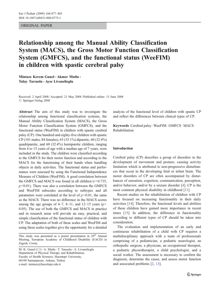 MACS, GMFCS, and WeeFIM in CP Children | PDF | Cerebral Palsy ...