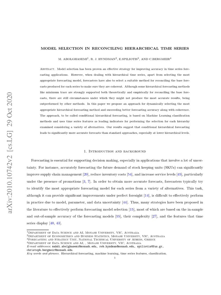 Model Selection in Reconciling Hierarchical Time Series | PDF | Forecasting | Time Series