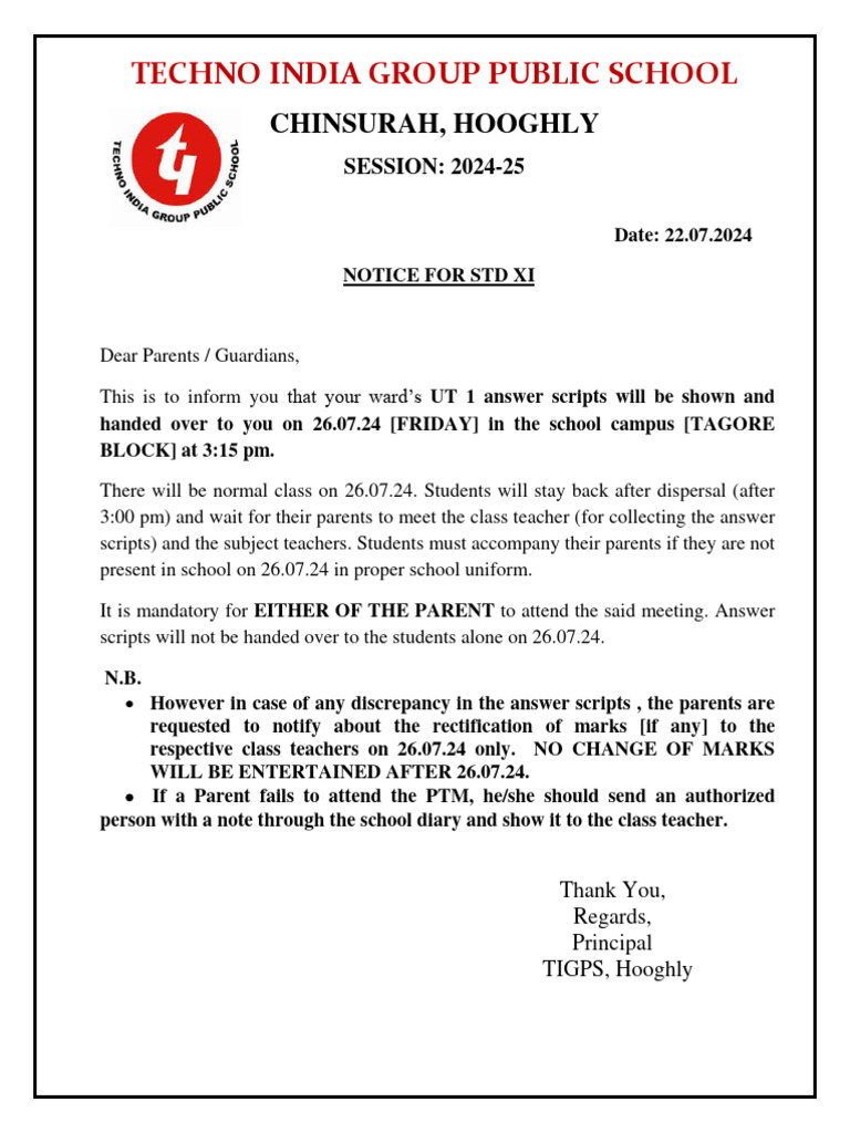 Notice For PTM STD Xi | PDF