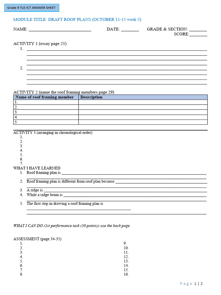 Grade 9 Roof Plans Answer Sheet | PDF