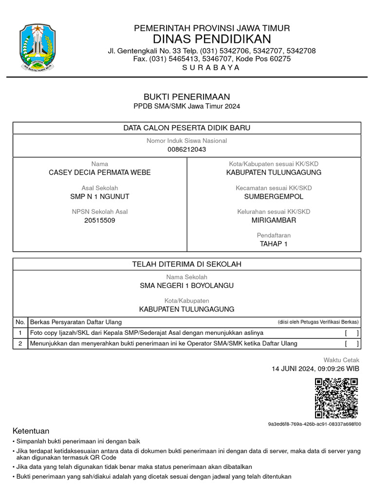 Bukti Penerimaan Tahap 1 PPDB Jawa Timur 2024 | PDF
