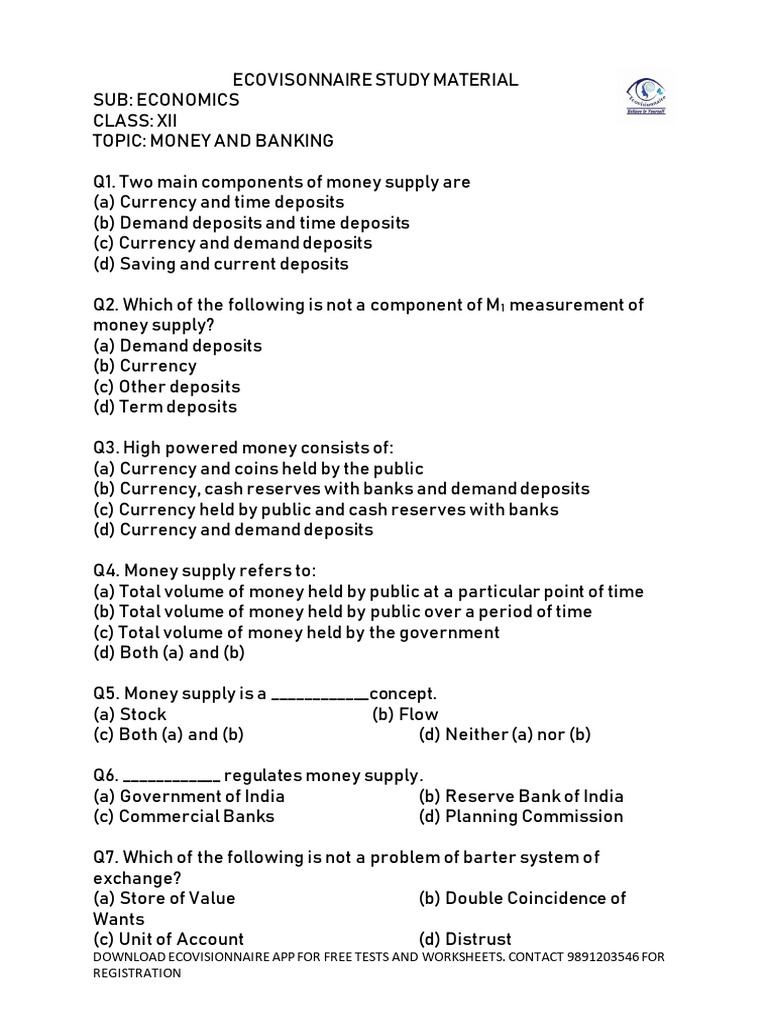 MONEY AND BANKING MCQs | PDF | Money | Reserve Bank Of India