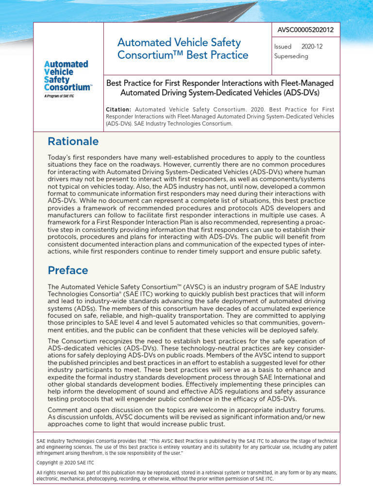 Automated Vehicle Safety Consortium™ Best Practice | PDF | Traffic ...