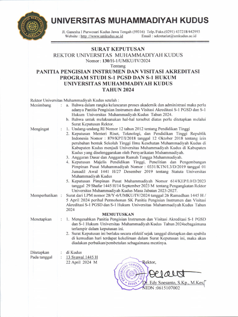 130, SK Panitia Pengisian Instrumen Dan Visitasi Akreditasi Program Studi S1 PGSD Dan S1 Hukum | PDF