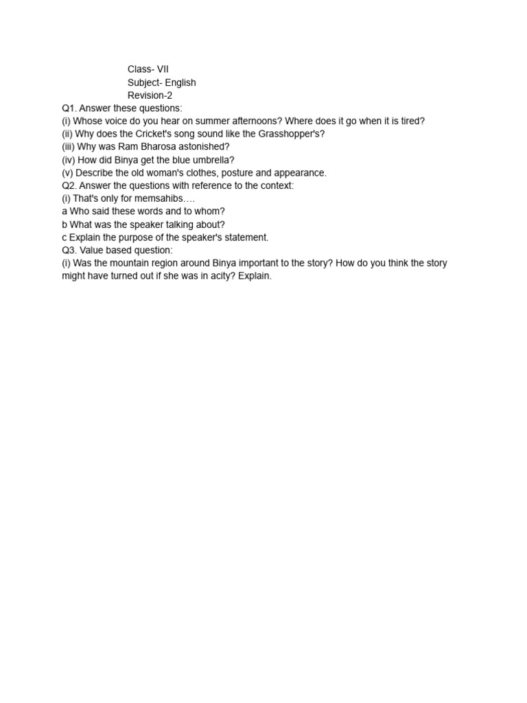 Class VII English Revision Questions | PDF