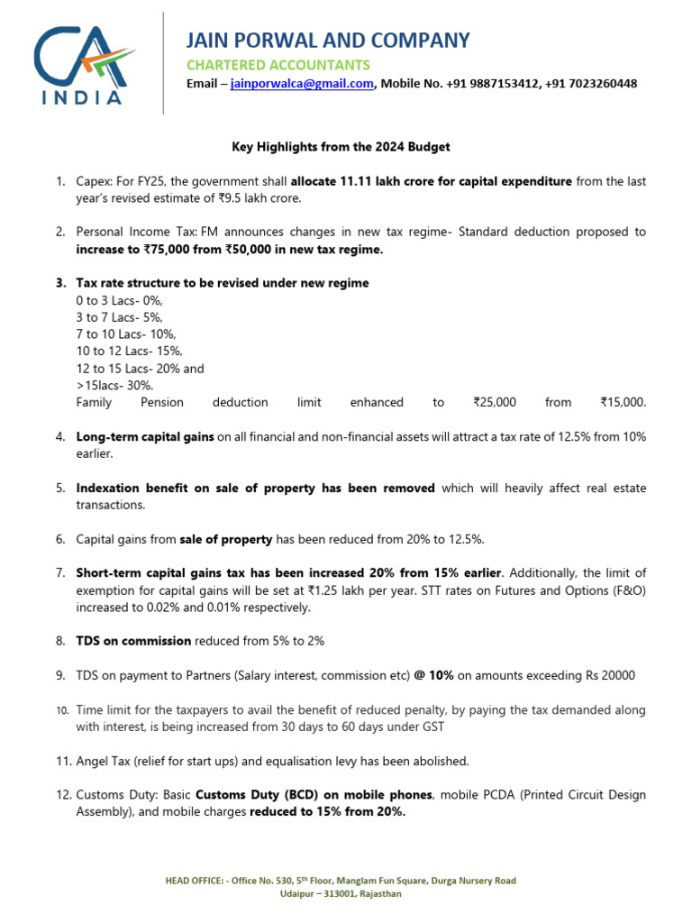 India Budget Highlights FY 24-25 | PDF | Taxes | Government Finances