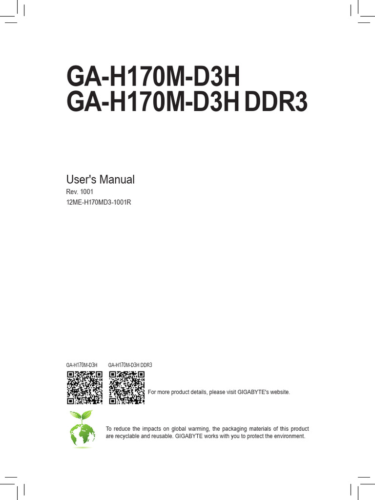 MB Manual Ga-H170m-D3h (ddr3) e | PDF | Solid State Drive | Usb