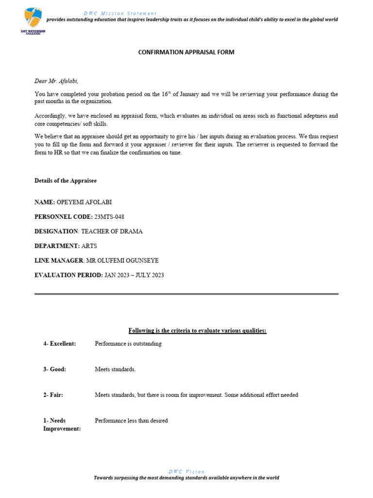 Confirmation Appraisal Form | Download Free PDF | Leadership | Learning