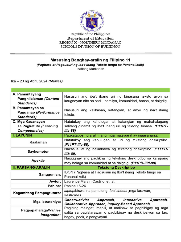 Lesson Plan - Fil 11 | PDF