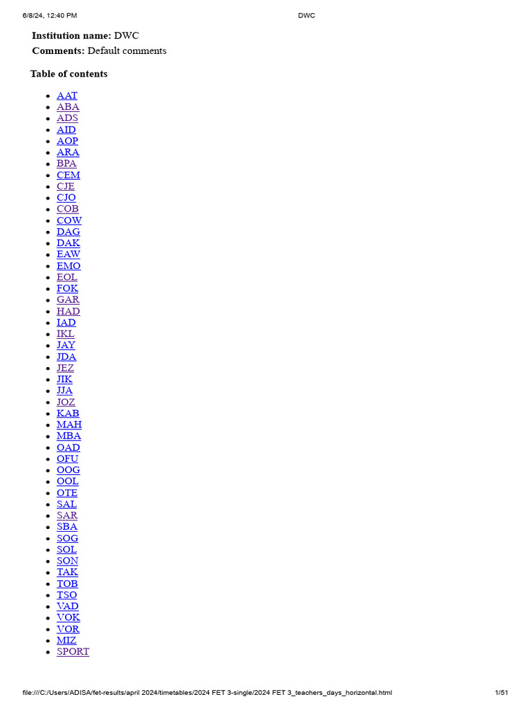 DWC Teacher Timetable 2024-2025 Final Sol | PDF