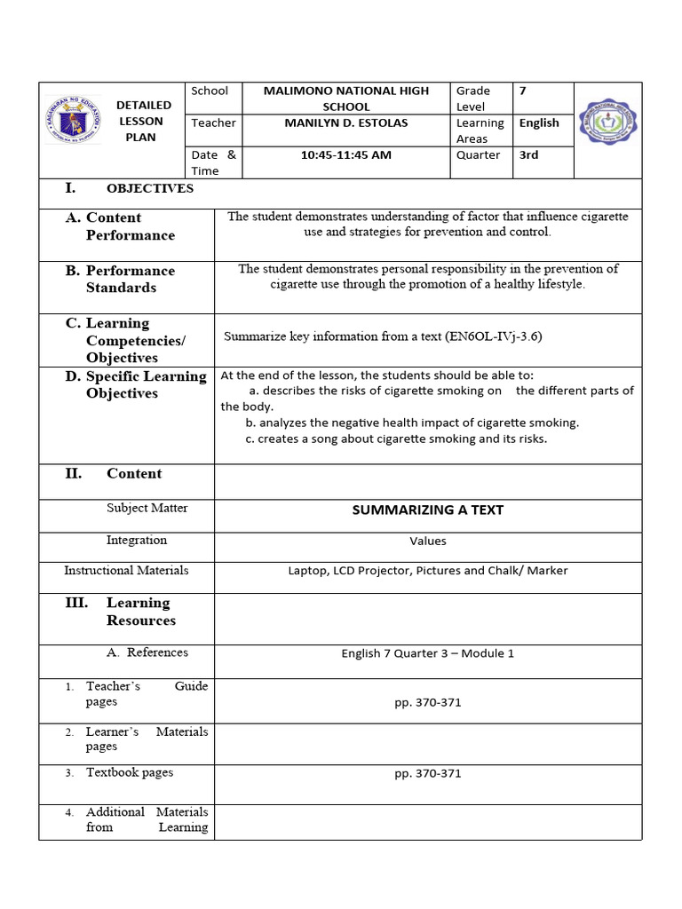 Deatailed Lesson Plan For Cot3 | PDF | Head And Neck Cancer | Cancer