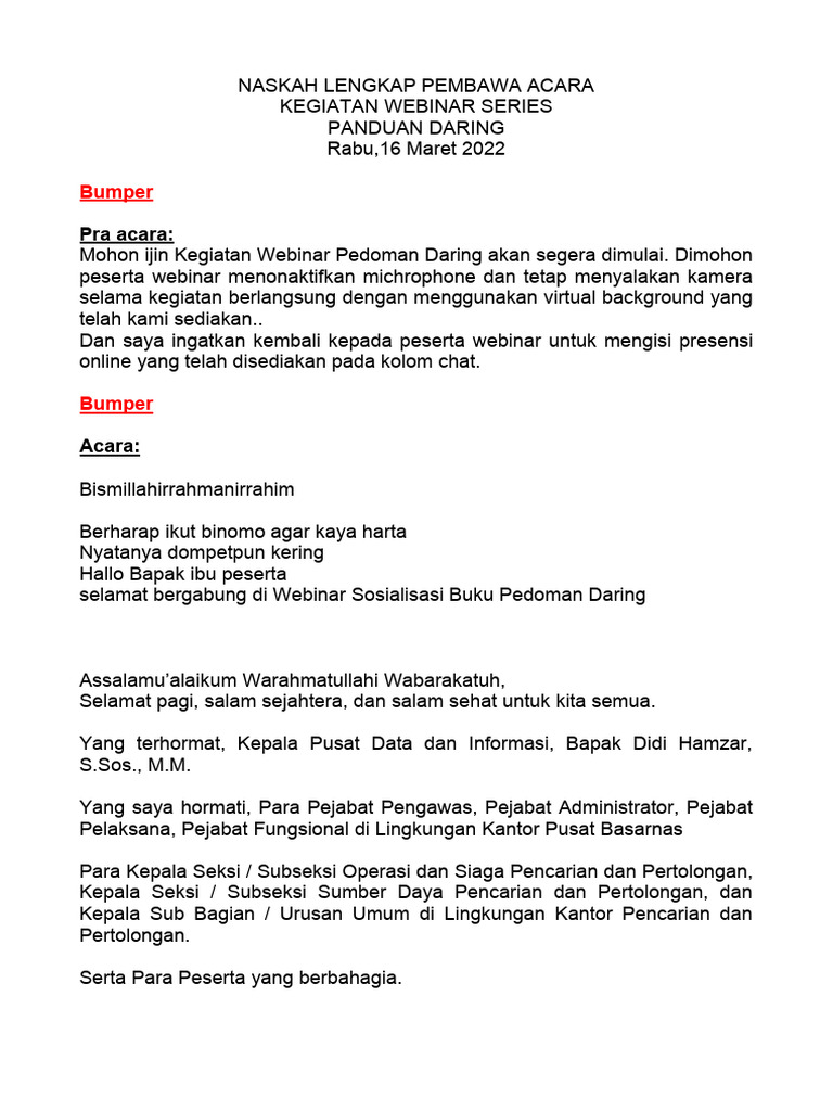 Naskah Lengkap MC Webinar Panduan Daring | PDF | Karier & Perkembangan | Ilmu Sosial