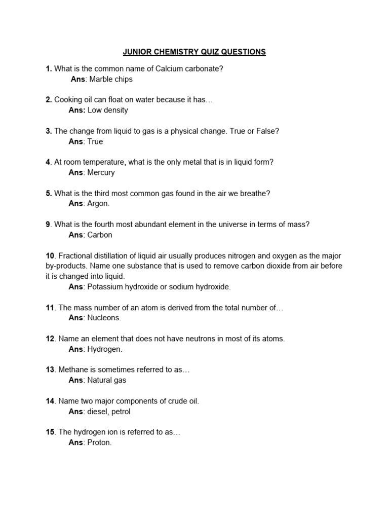 Chemistry Quiz Questions JUNIOR | PDF | Chemical Substances | Chemical ...