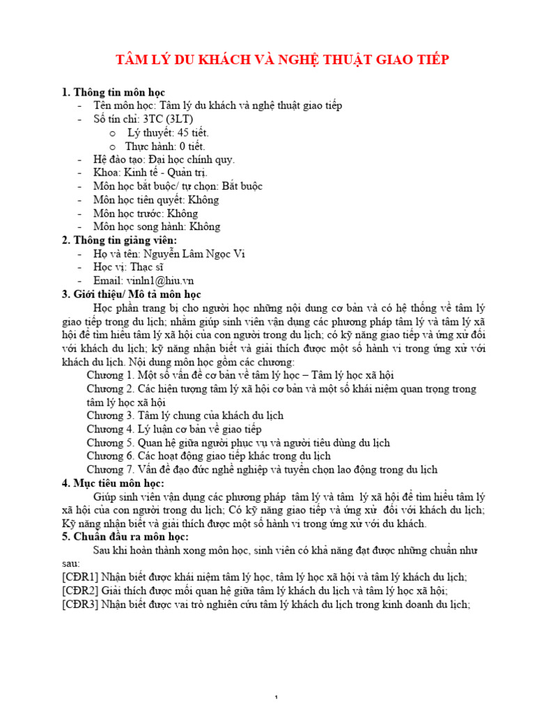 Syllabus Tam Ly Va Giao Tiep Trong Kinh Doanh Du Lich | PDF