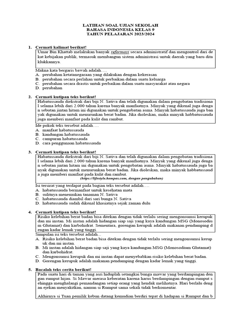 Latihan Soal Ujian Sekolah Bahasa Indonesia Kelas 9 Kurtilas 2024 | PDF | Puisi | Fiksi Umum