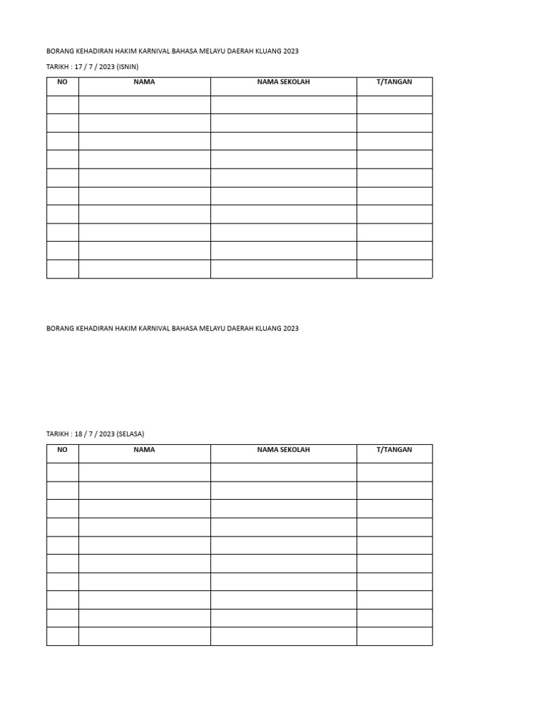 Borang Kehadiran Hakim Karnival Bahasa Melayu Daerah Kluang 2023 | PDF