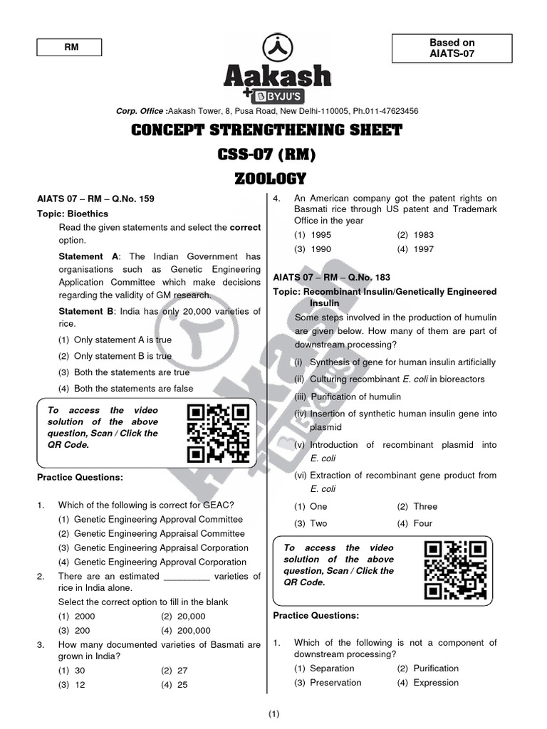 Concept Strengthening Sheet CSS 07 Based On AIATS 07 RM Zoology | PDF | Molecular Cloning ...